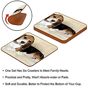 Coasters for Drinks Dog Lay Sleepy Leather Square Mug Cup Pad Mat for Protect Furniture, Heat Resistant, Kitchen Bar Decor, Set of 6