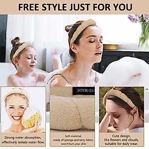 AMCAMI 2 PCS Puffy Spa Headband for Women Sponge Headbands for Girls Terry Towel Cloth Fabric Head Band for Skincare, Makeup Removal= (Beige&Light coffee)