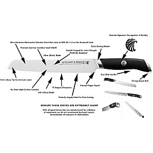 STEWART & BRADLEY 8Inch Serrated Bread Knife. MasterPro Series Full Tang, Razor Sharp, Ultra Fine Highly Tempered German Steel 4028, Forged to 1400 degrees, Precision Diamond Sharpened bread knife