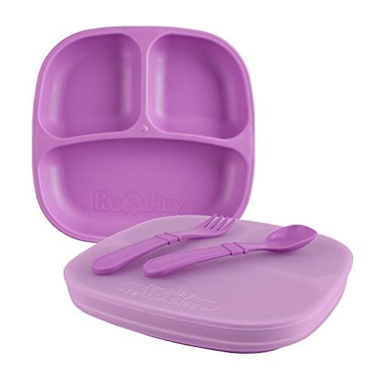 Re-Play Made in USA 5 Piece Toddler Feeding Set includes 2 Divided Plates, Silicone Storage Lid, Utensils - Made from Recycled Milk Jugs - Purple