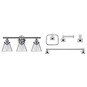 Globe Electric 51445 Parker 3-Light Chrome Vanity Light Fixture with Clear Glass Shades + 51368 Finn 4-Piece Polished Chrome Bathroom Hardware Accessory Kit with Towel Bar, Towel Ring, Robe Hook