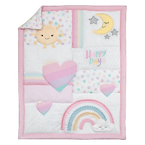 NoJo Happy Days Pink, White, and Yellow Rainbows and Sunshine 4 Piece Nursery Crib Bedding Set - Comforter, 100% Cotton Fitted Crib Sheet, Crib Skirt and Reversible Storage