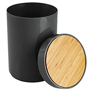 mDesign Plastic Round Trash Can Small Wastebasket - Garbage Bin Container with Swing-Close Lid - Bathroom Garbage Basket - Holds Waste, Recycling - 1.3 Gallon - Basa Collection - Black/Natural