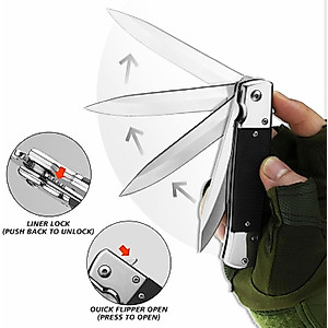 geegift Folding Pocket Knife,EDC Knife, G10 Handle, 7Cr17 Stainless Steel Knife with Safety Liner-Lock, Camping Hunting Outdoor Knife With Pocket Clip for Men Women (silver)
