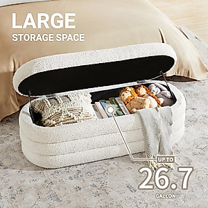 Busaurus Storage Ottoman Bench 49.2 Inch Upholstered Fabric Storage Bench for Bedroom End of Bed Aesthetic Large Oval Storage Ottoman for Living Room Entryway (Ivory)