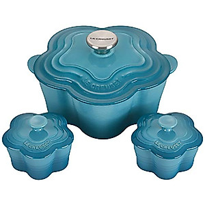 Le Creuset Enameled Cast Iron 2.25qt. Flower Cocotte and (2) Stoneware Mini flower Ramekins