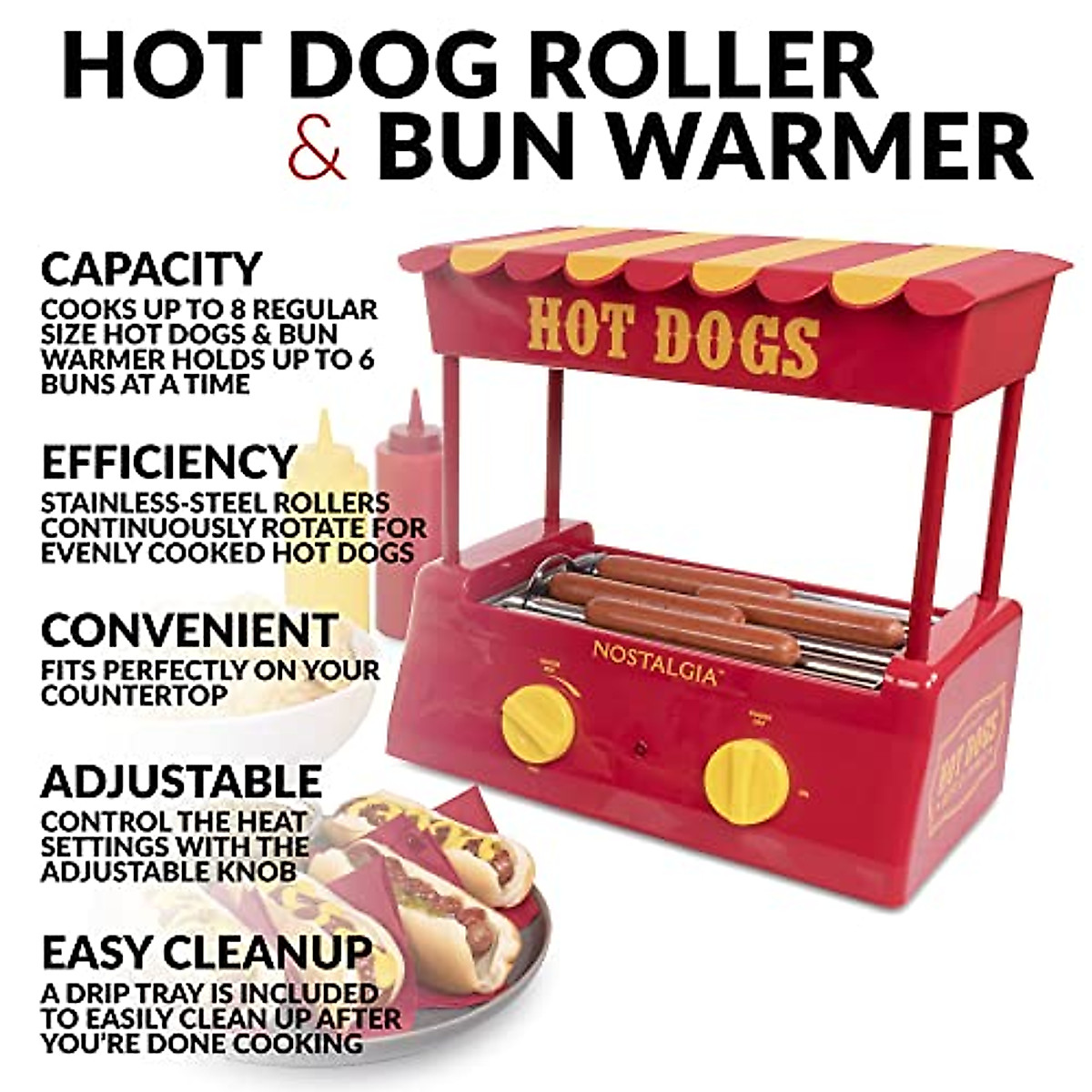 Nostalgia Countertop Hot Dog Roller and Warmer, 8 Regular Sized Hot Dogs, 4 Foot Long Hot Dogs and 6 Bun Capacity, Stainless Steel Rollers, Perfect For Breakfast Sausages, Brats, Taquitos, Egg Rolls