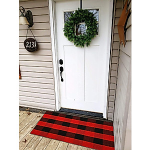 UKELER Buffalo Plaid Rug 2'×3'- Cotton Outdoor Rug Washable Buffalo Check Doormat, Red and Black Plaid