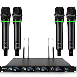 Bietrun 4-Channel Wireless Microphones System with 4 Rechargeable Handheld Mics, UHF Metal Dynamic Cordless Mics for Karaoke, Singing, Church, Family Theater(Auto Connect/295FT Range/Fixed Frequency)