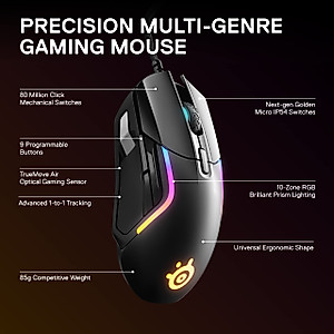 SteelSeries Rival 5 Gaming Mouse with PrismSync RGB Lighting and 9 Programmable Buttons – FPS, MOBA, MMO, Battle Royale – 18,000 CPI TrueMove Air Optical Sensor - Black
