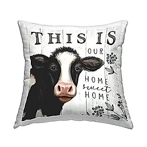 Stupell Industries Sweet Home Phrase Dairy Farm Cow Design by Elizabeth Tyndall Pillow, 18 x 18, Off-White