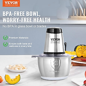VEVOR Food Processor, Mini Electric Chopper 400W, 2 Speeds Electric Meat Grinder, Stainless Steel Meat Blender, for Baby Food, Meat, Onion, Vegetables, 8 Cup