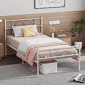 Weehom Twin Bed Frames for Kids Mattress Foundation No Box Spring Needed Large Storage Space Platform Bed Twin White