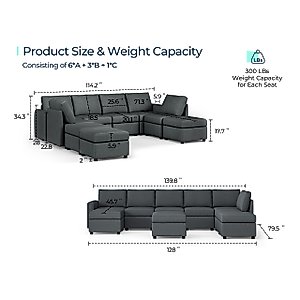LINSY HOME Modular Sectional Sofa, Oversized Sectional Couch with Storage, Ottomans, Modular Sectional Sleeper Sofa with Memory Foam, 9 Seat U Shape Sofa Set for Living Room, Dark Grey