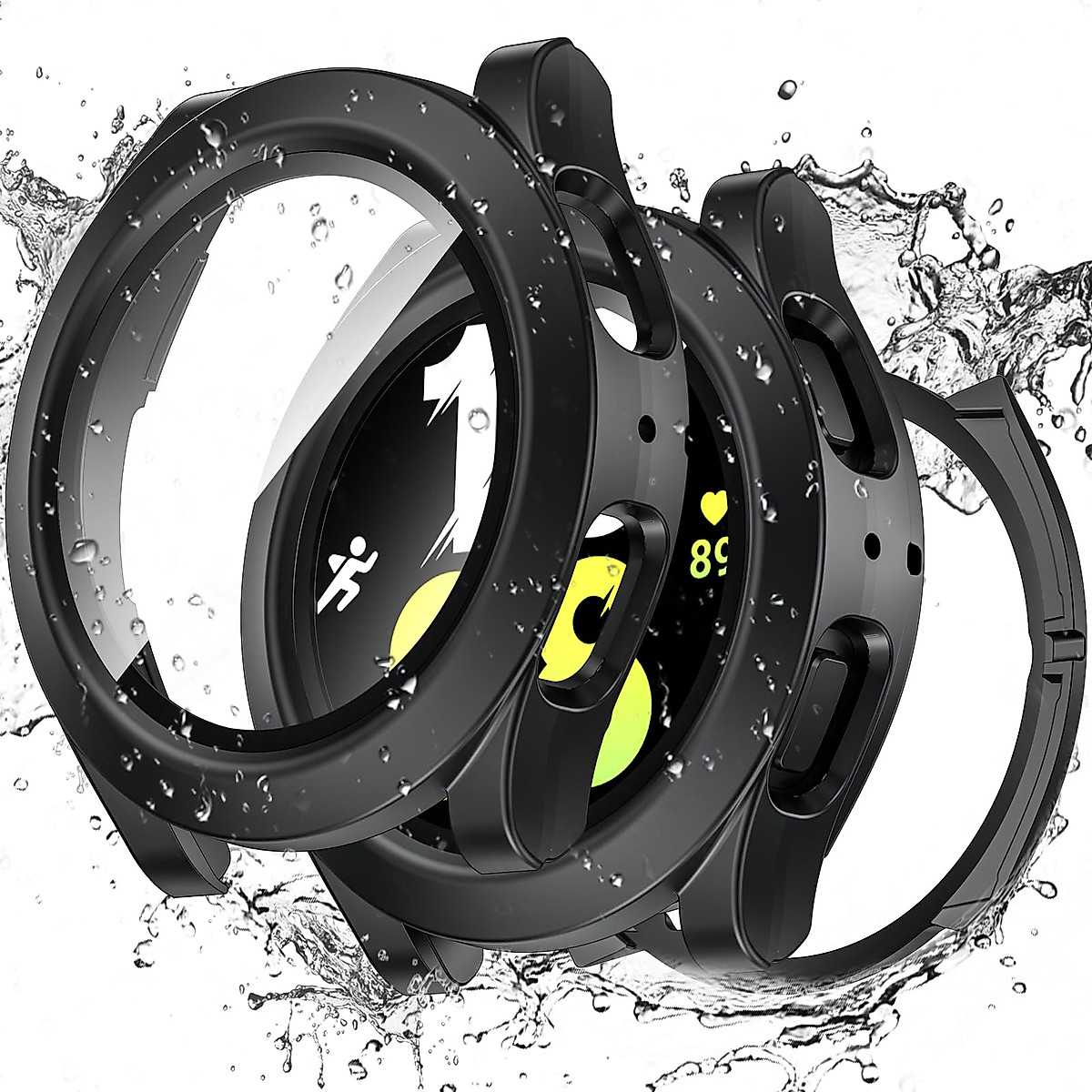 [2 in 1] Goton Waterproof Case for Samsung Galaxy Watch 5 4 44mm, 360° Protective Hard PC Front & Back Bumper with HD Tempered Glass Screen Protector for Galaxy Watch Cover Accessories, Black