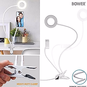 BOWER 24 Inch Clip on Desk Ring Light - Flexible Arms, 36 LED Lighting with 3 Light Modes and 10 Brightness Levels, Heavy Duty Clamp, and Built-In Phone Holder