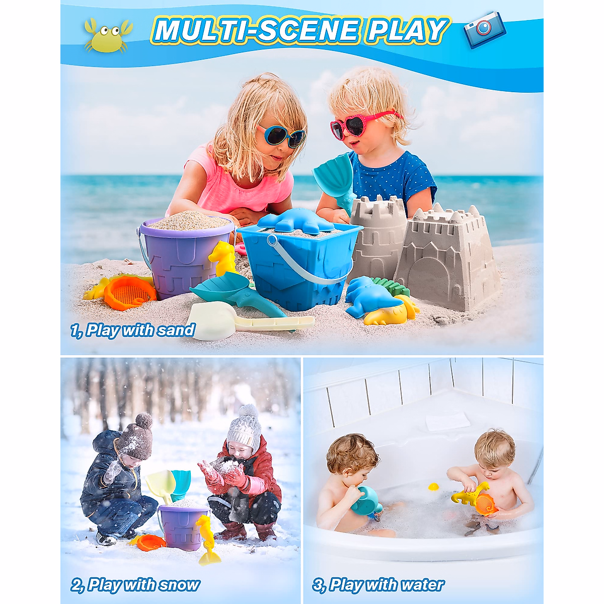 DISHIO Beach Sand Toys for Kids Sand Box Beach Toys with Mesh Bag,Sand Castle Bucket and Shovel,Sand Molds,Waterig Can, Sieve, Dinosaur Beach Toys Kit for Kids&Toddlers Outdoor Travel 18pcs