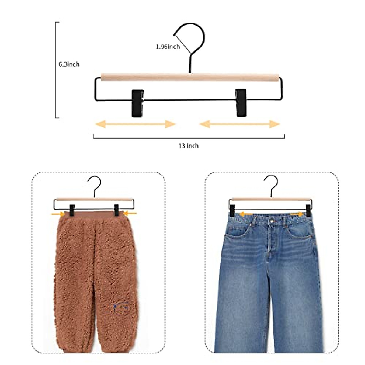 Nature Smile Deluxe Beech Wooden Pants Hangers Bottom Hanger Jeans Hanger Trousers Skirt Hanger with 2-Adjustable Black Matt Clips and Hook 10 Pack (Natural Wood+Black Metal)