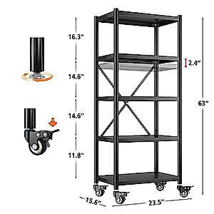 REIBII Storage Shelves for Storage with Wheels 1160LBS Heavy Duty Metal Shelving Unit Rolling Adjustable 5-Tier Pantry Shelves Kitchen Shelves Garage Shelving Utility (1)