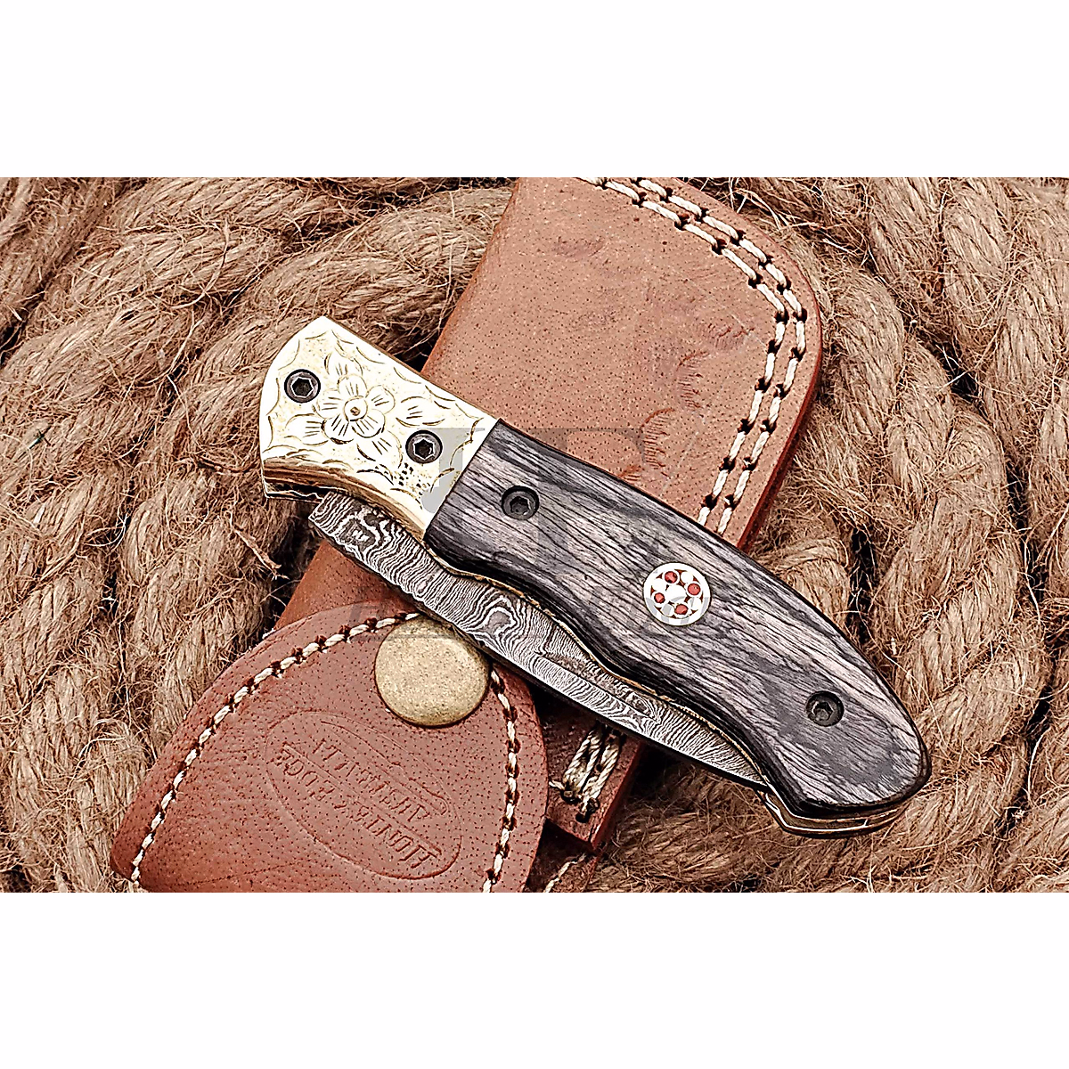 HUNTEX Custom Handmade Hand-Forged Twist Pattern Damascus Steel 4 Inch Long Pakka Wood Handle Razor Sharp Hunting Camping Folding Pocket Drop Point Knife with Genuine Leather Pouch