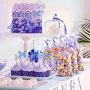 100 Pieces Butterflies Cellophane Goody Bags Plastic Butterfly Candy Bag Butterfly Treat Bags with 100 Pieces Silver Twist Ties for Butterfly Theme Baby Shower Birthday Party Dessert Decors (Purple)