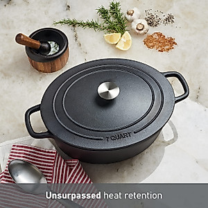 BBQ by MasterPRO - 7 Qt Pre Seasoned Cast Iron Oval Dutch Oven with Self Basting Lid and Stainless Steel Handle, 7 Quarts, Black