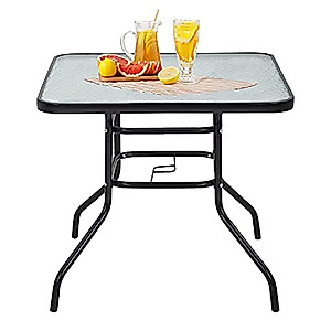 FDW Bistro, Outdoor Dining Square Tempered Glass Patio Table with Umbrella Hole for Lawn Balcony Yard, Black