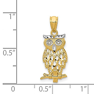 Solid 14k White and Yellow Gold Two Toned Owl Pendant Charm - 24mm x 9mm