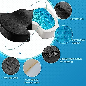 UOWGA Seat Cushion, Gel Cushion for Office Chair, Seat Cushion for Tailbone Pain, Back Pain Relief, Non-Slip Memory Foam Hip Pillow for Office Chair, Wheelchair, Driver's Seat (Black)