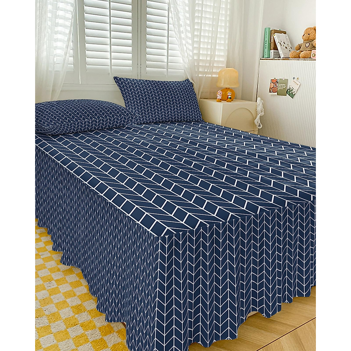 AMZRicher Navy Blue Wrap Around Pleated Bed Skirts for Queen Bed 60x80, Decorative Dust Ruffle Bed Sheet & Bedskirt 18'' Drop Bedspread with Pillow Case 20x30 Contemporary Geometric Modern Stripes