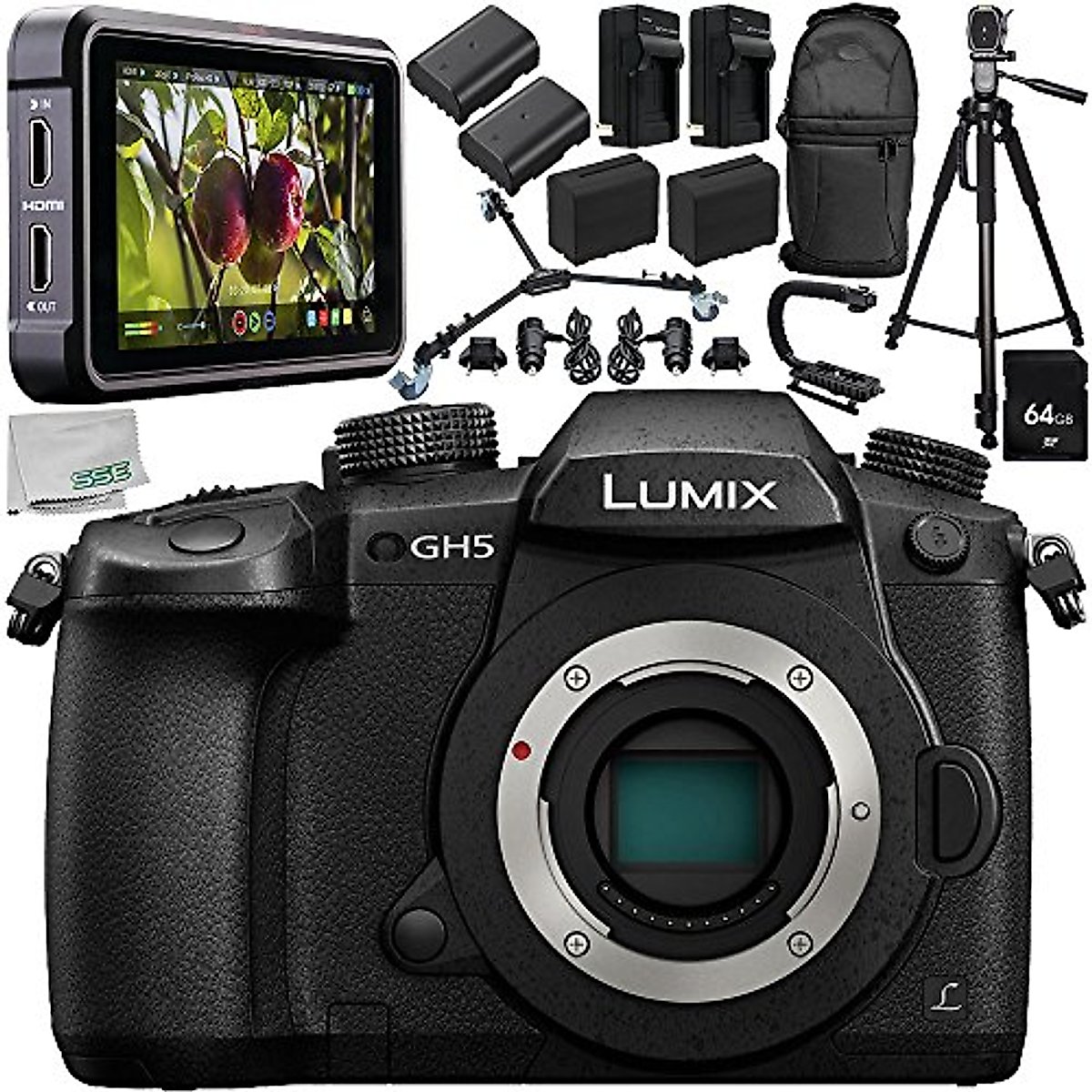 Panasonic Lumix DC-GH5 Mirrorless Micro Four Thirds Digital Camera + Atomos Ninja V 5" 4K HDMI Recording Monitor 14PC Bundle – Includes 64GB SD Memory Card + MORE - International Version (No Warranty)