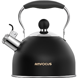 AMFOCUS Tea Kettle, 2 Quart Stainless Steel Whistling Tea Kettle, Stovetop Whistling Teakettle Tea Pots for Stove Top with Ergonomic Folding Handle, Small Teapot, Water boiler for Tea, Coffee (Black)