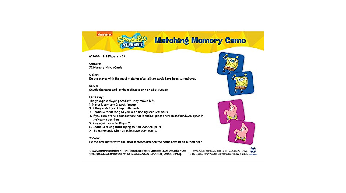 SpongeBob Memory Matching Card Game for Kids