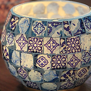 Blue and White Mosaic Candleholder, Glass Votive Candle Holders Round Bowl Tealight Holders Potted Plant Bowl Vase Candlestick Holder Table Centerpieces