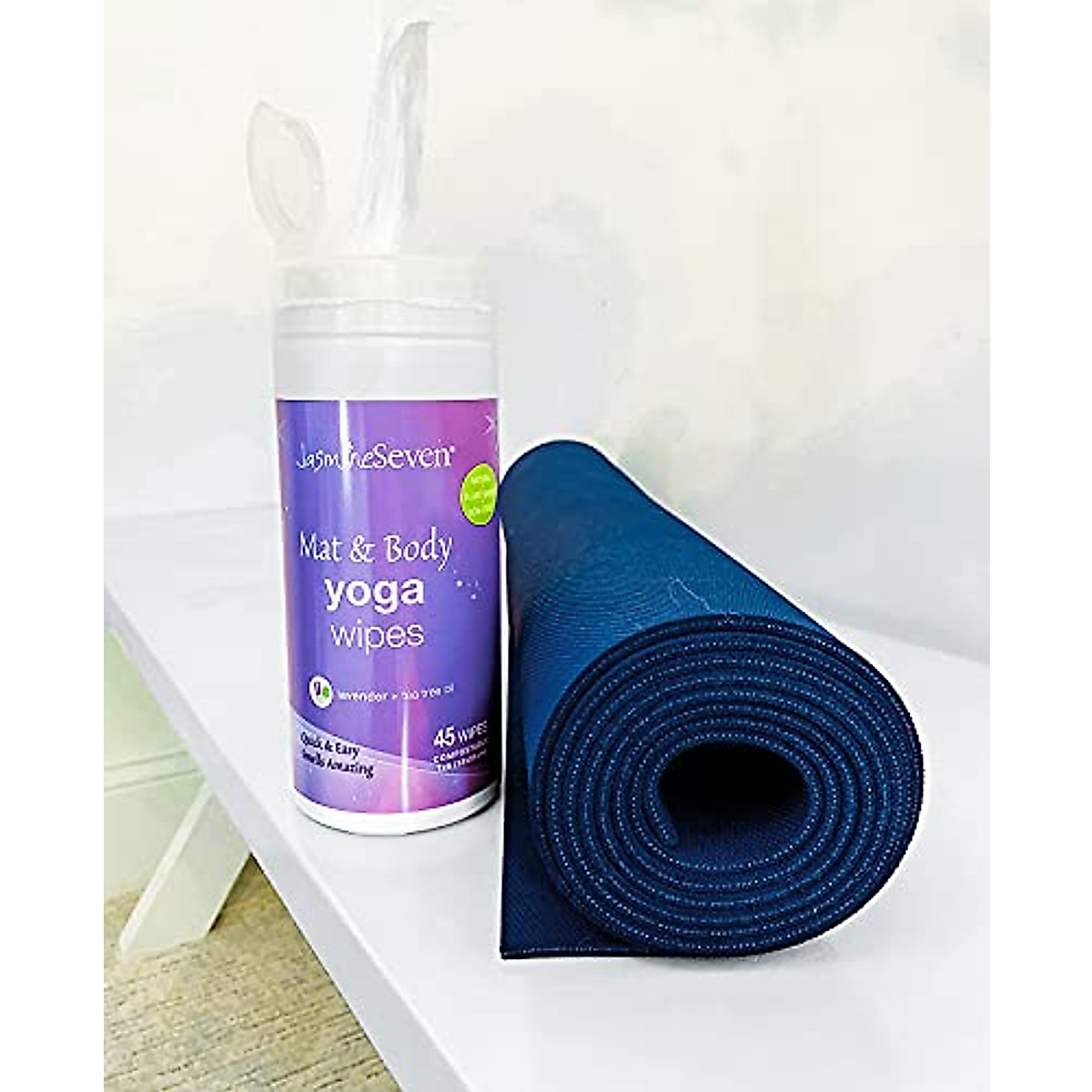 Yoga Wipes for Body and Mat - Natural Lavender and Tea Tree - 45 Wipes in Resealable Canister - by Jasmine Seven - for Home, Studio, Gym, Spa