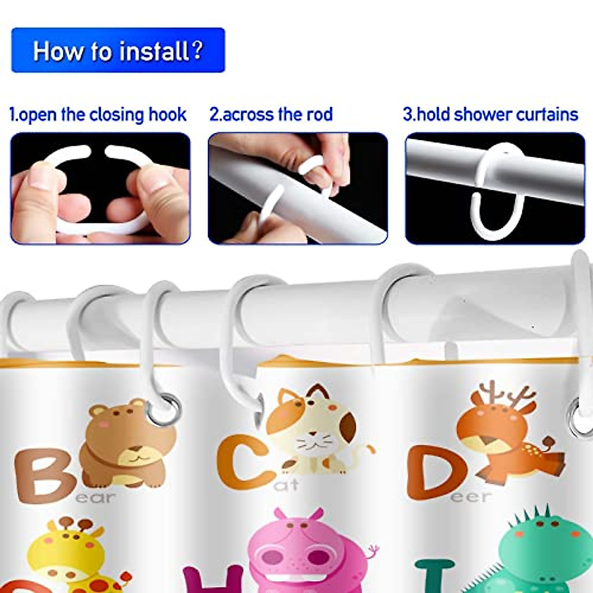 KINUUIS 4PC Animals Alphabet Bathroom Shower Curtain Sets Kids Bathroom Sets Cartoon Bathroom Sets with Rugs and Accessories Cute Style Shower Curtain for Bathroom Decoration