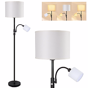 Standing Lamp, 12W LED Floor Lamp with Reading Light, 69" Tall Lamps for Living Room,Bedroom,Office, Boho Floor Lamp with 3-Way Rotary Switch, Stand up Lamp in Grey Linen Lampshade, LED Bulbs Included