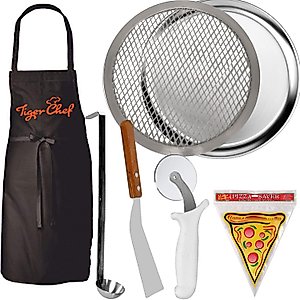Tiger Chef 8" Pizza Making Kit. Pizza Pro Set Includes Kitchen Tools To Create Your Own Homemade Pizza. 8" Pizza Pan, 8" Pizza Screen, Pizza Wheel, Server, Ladle, Apron & 12 Pizza Saver Bags