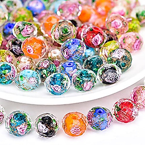 80pcs Flower Glass Beads for Jewelry/Bracelets/Crafts/Necklace Making,Gold Sand Lampwork Beads Cute Crystal Beads Sea Glass Seed Boho Beads for Rosary Crafts Handmade (10mm Mixed Color)