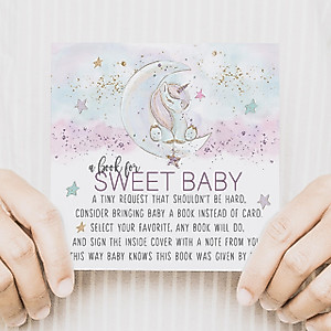 Unicorn Books for Baby Shower Cards - 25 Pack - Cute Invitation Inserts for Girls - Bring a Book Instead of Cards Poem - Storybook Theme Ideas