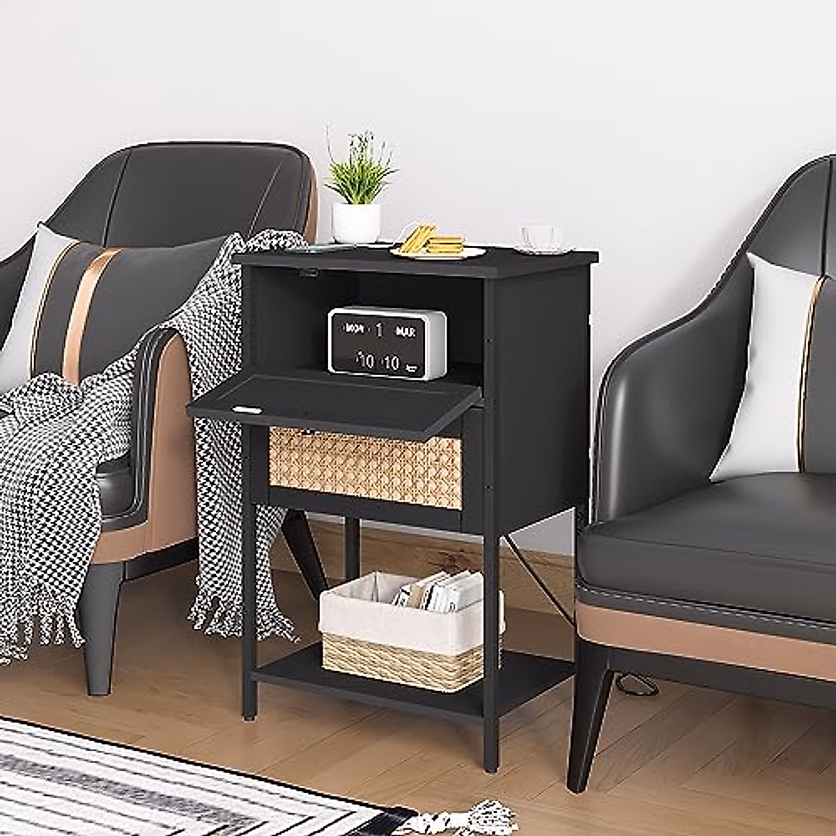 End Table with Charging Station, 2 Tier Rattan Decorated Nightstand with USB Ports and Outlets, Bedside Table with Drawer, Black Modern Sofa Side Table for Bedroom, Living Room, Office