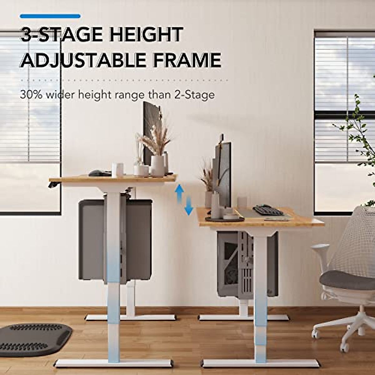 FLEXISPOT Classic 3 Stages Dual Motor Electric Standing Desk 55x28 Inches Whole-Piece Desk Board Height Adjustable Desk Electric Stand Up Desk Sit Stand Desk(White Frame + Natural Desktop)