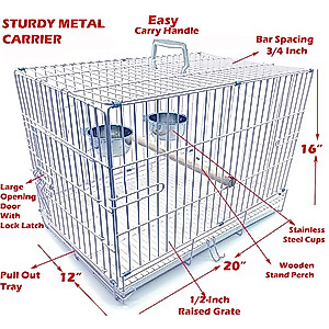 Two Size, Durable Metal Travel or Veterinary Collapsable Parrot Bird Carrier Cage