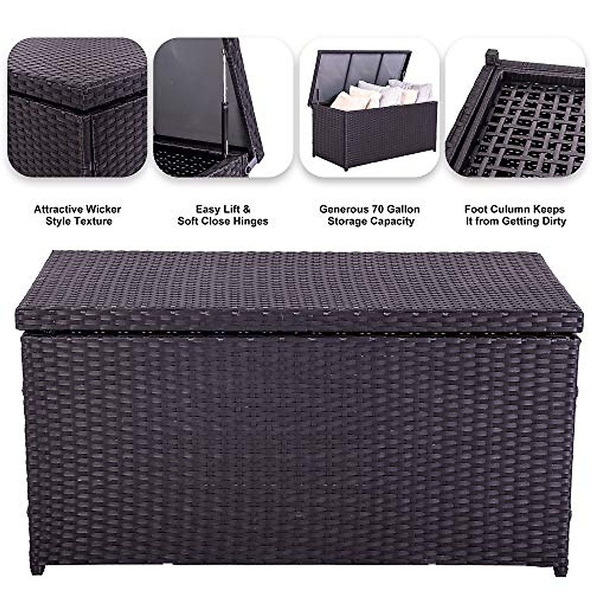 Sundale Outdoor Storage Box, 60 Gallon Patio Deck Boxes with Hinged Lid, Outdoor Wicker Cushion Storage Container Bin Chest for Cover, Pillow, Towel - Steel Frame, Classic Black