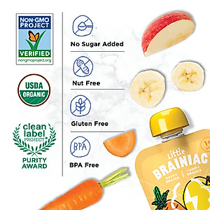 Little Brainiac Organic Fruit & Veggie Toddler Pouches, Apple, Carrot, Banana Puree with Omega-3s DHA/EPA and Choline, Clean Label, BPA-Free, Non-GMO, 3.5 oz, Pack of 12