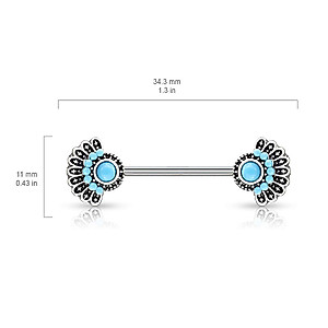 Pierced Owl Synthetic Turquoise Set Tribal Fan Nipple Barbells, Sold as a Pair