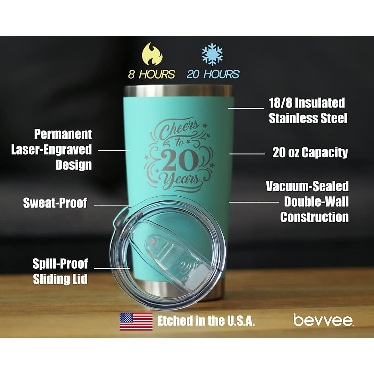 Cheers to 20 Years - Insulated Coffee Tumbler Cup with Sliding Lid - Stainless Steel Insulated Mug - 20th Anniversary Gifts and Party Decor - Teal