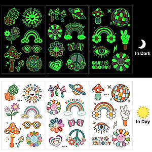 Konsait Groovy 70s Temporary Tattoos for Kids, 90 Pcs Glow in Dark Hippie Tattoos Stickers Flower Rainbow Butterfly Love and Peace Face Tattoos for Girls Flower Power Birthday Party Favor Supplies