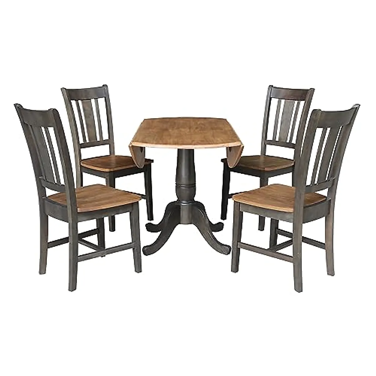IC International Concepts 42-Inch Round Drop Leaf Dining Table Set with 4 Chairs, Ideal for Small Spaces and Dining Rooms - Hickory/Washed Coal Finish