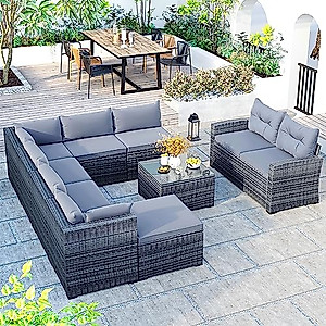 KASUE Outdoor PE Wicker Sofa 9-Piece Set - Perfect for Outdoor Spaces, Gardens, and Poolside, Gray Wicker, Gray Cushion